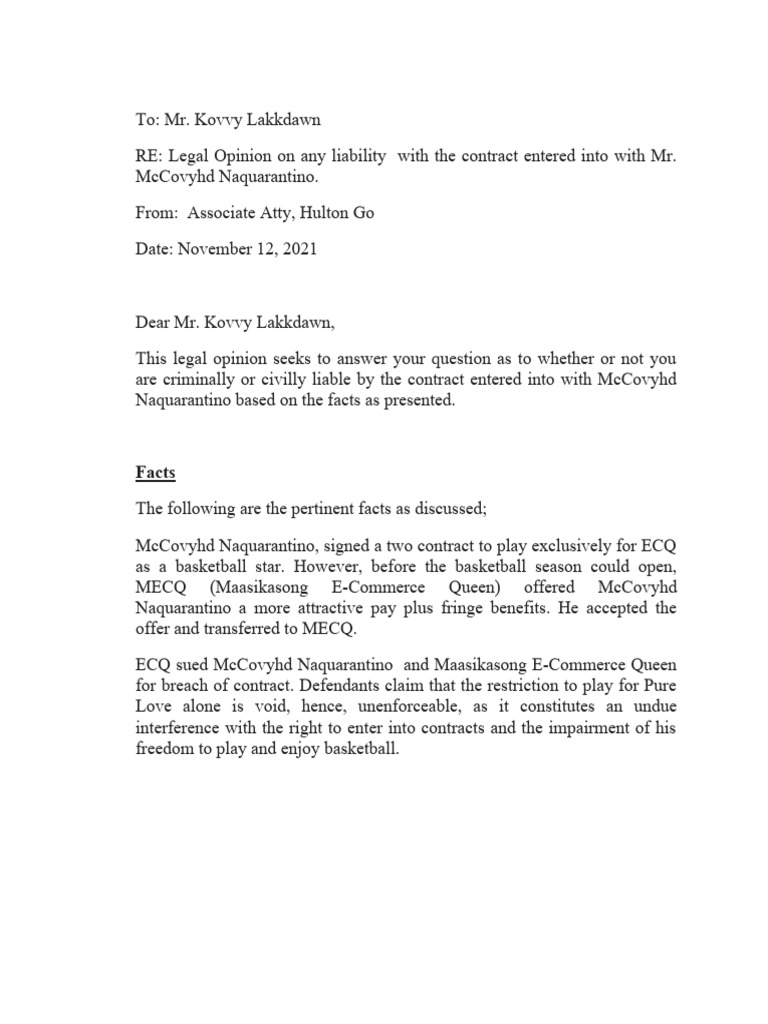 Legal Opinion on Contract Liability | PDF | Finance & Money Management ...
