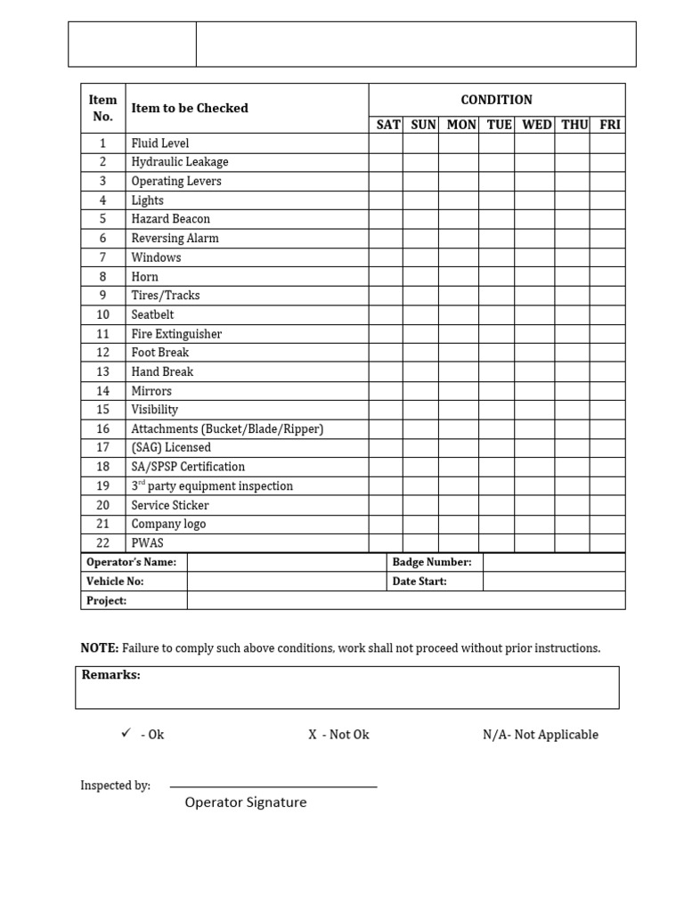 15 - Weekly Backhoe Inspection Checklist | PDF | Technology & Engineering