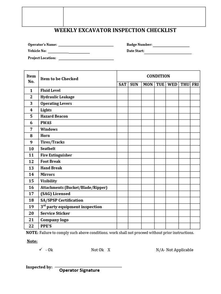 16-Weekly Excavator Inspection Checklist | PDF