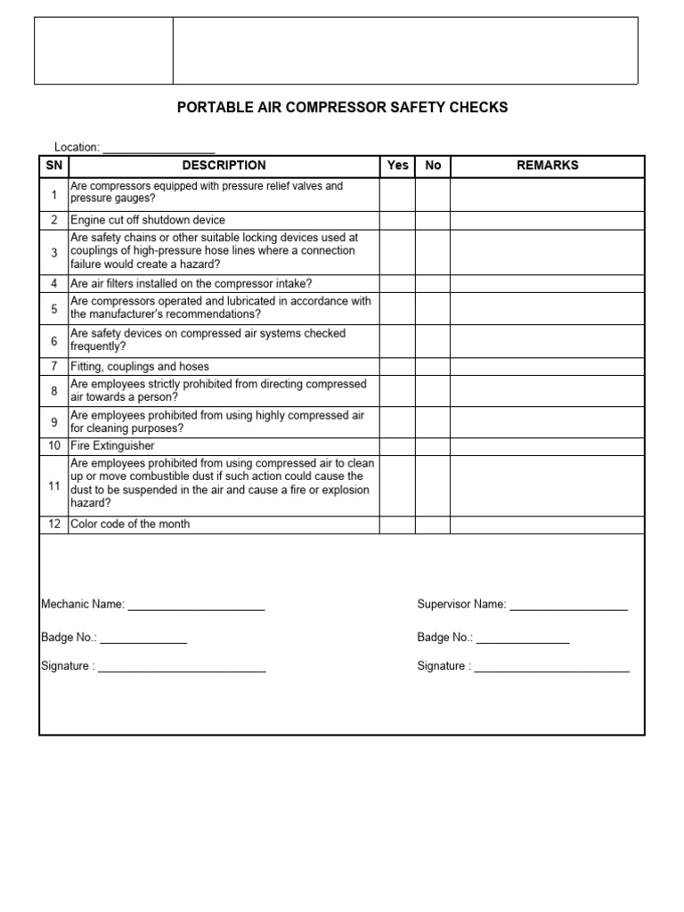 27-Air Compressor Checklist | PDF