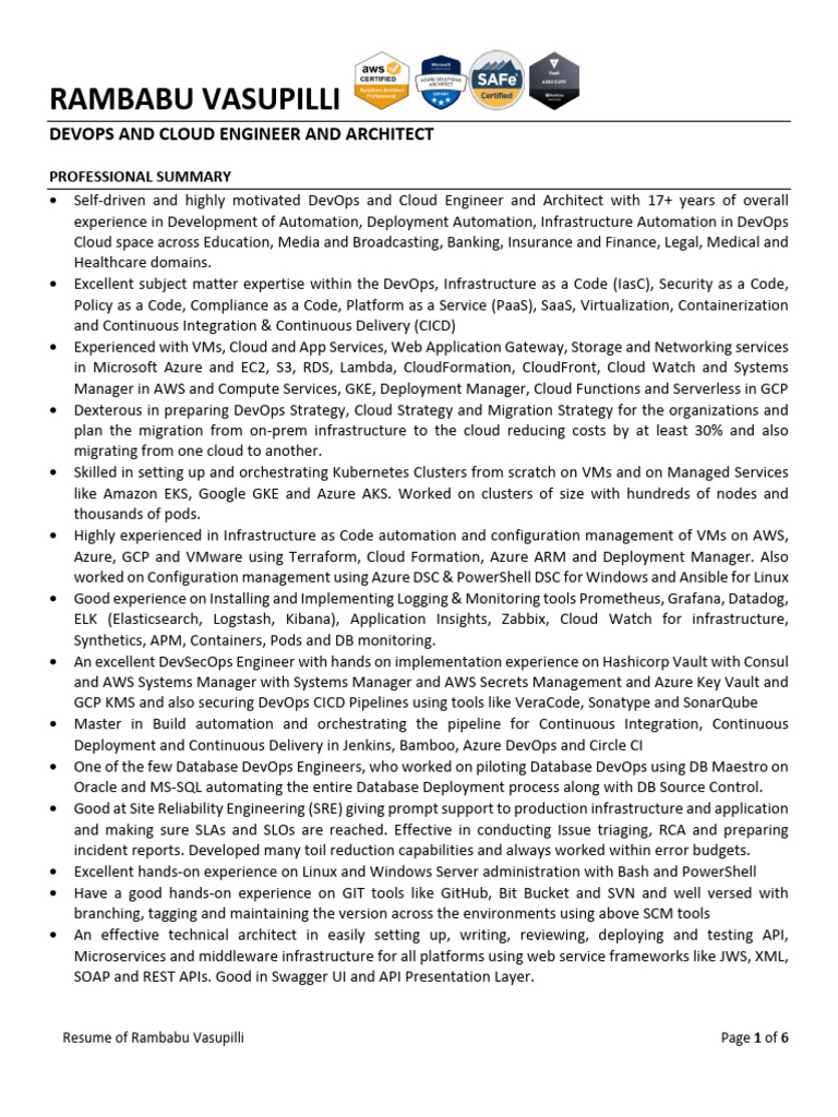 Rambabu Vasupilli It Devops Specialist | PDF | Cloud Computing | Microsoft Azure