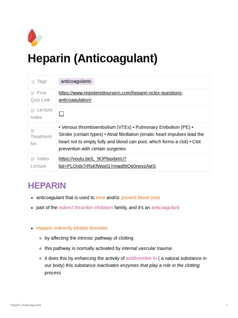 Heparin Guide for Nurses | PDF | Thrombus | Thrombosis