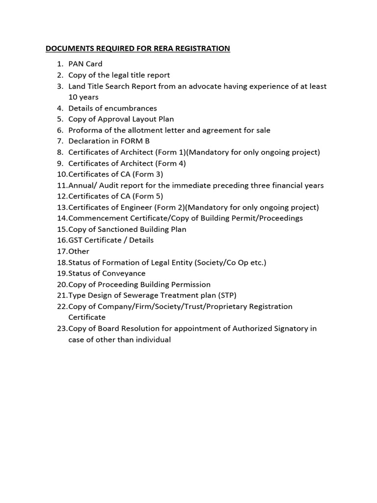 Documents Required For Rera Registration | PDF | Finance & Money Management | Technology ...