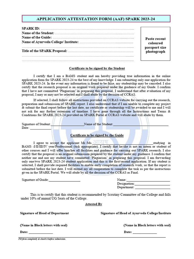 Application Attestation Form (Aaf) Spark 2023-24 | PDF | Government