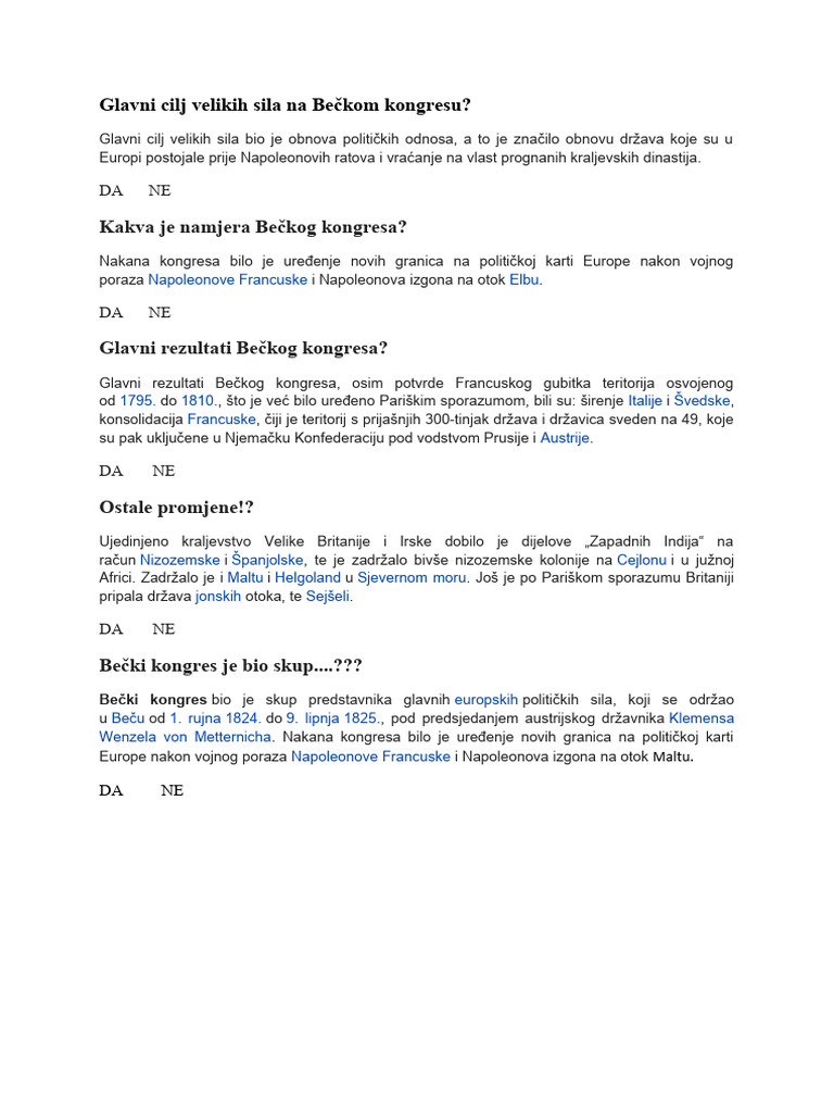 Glavni Cilj Velikih Sila Na Bečkom Kongresu | PDF