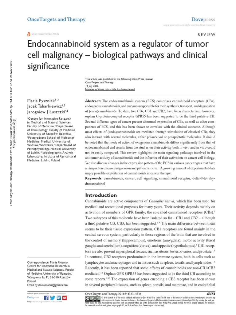 Endocannabinoid System As A Regulator of Tumor Cell Malignancy ...