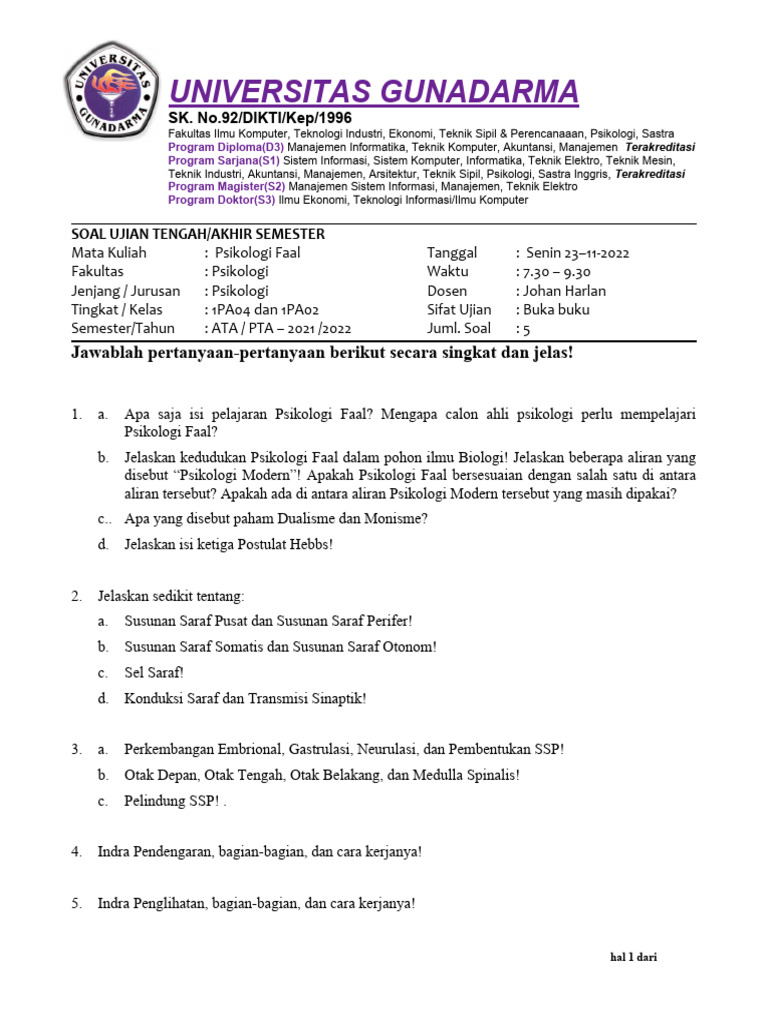 Soal Uts Psikologi Faal | PDF