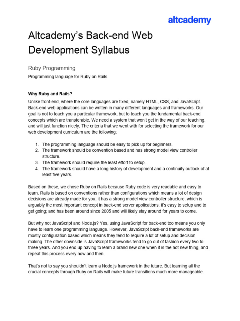 Altcademy S Back-End Web Development Syllabus | PDF | Ruby On Rails ...