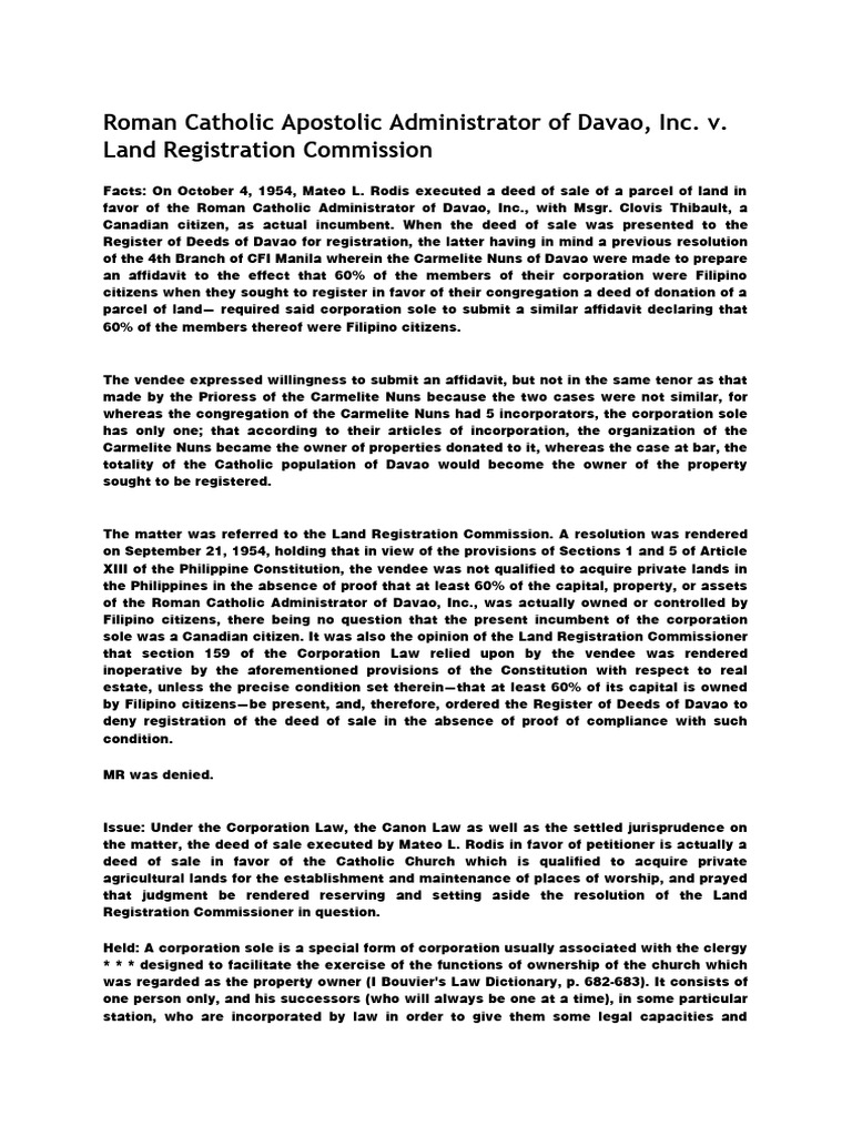 Case Digest Roman Catholic V LRC | PDF | Corporations | Catholic Church