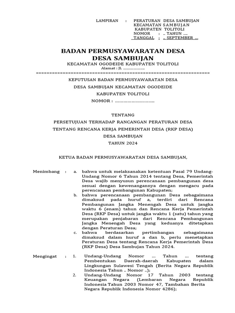 RKP Desa Sambujan 2024: Peraturan dan Kesepakatan | PDF