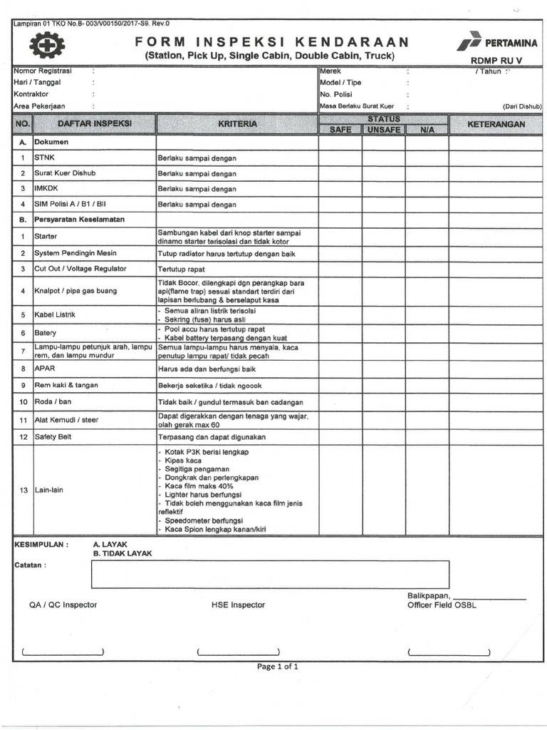 Form Inspeksi Kendaraan | PDF