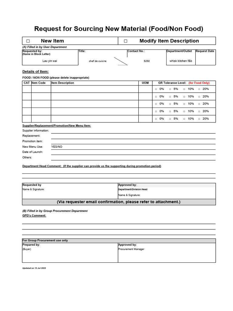 Form-Request for Sourcing New Material (GPD) | PDF