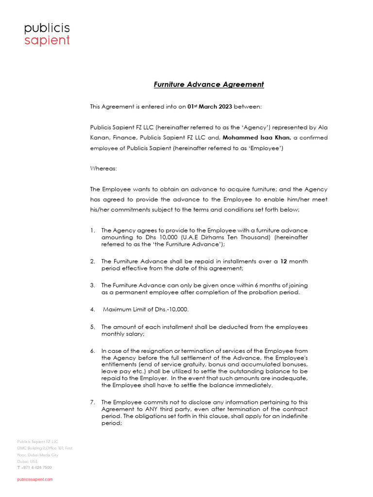 Furniture Agreement | PDF | Employment | United Arab Emirates