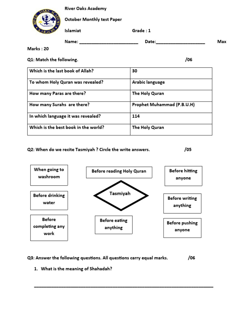 Grade 1 October Monthly Test Papers | PDF