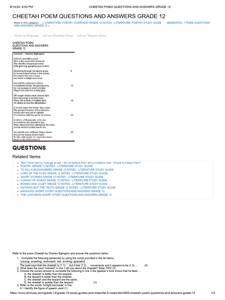 Cheetah Poem Questions and Answers Grade 12 | PDF | Hunting | Poetry