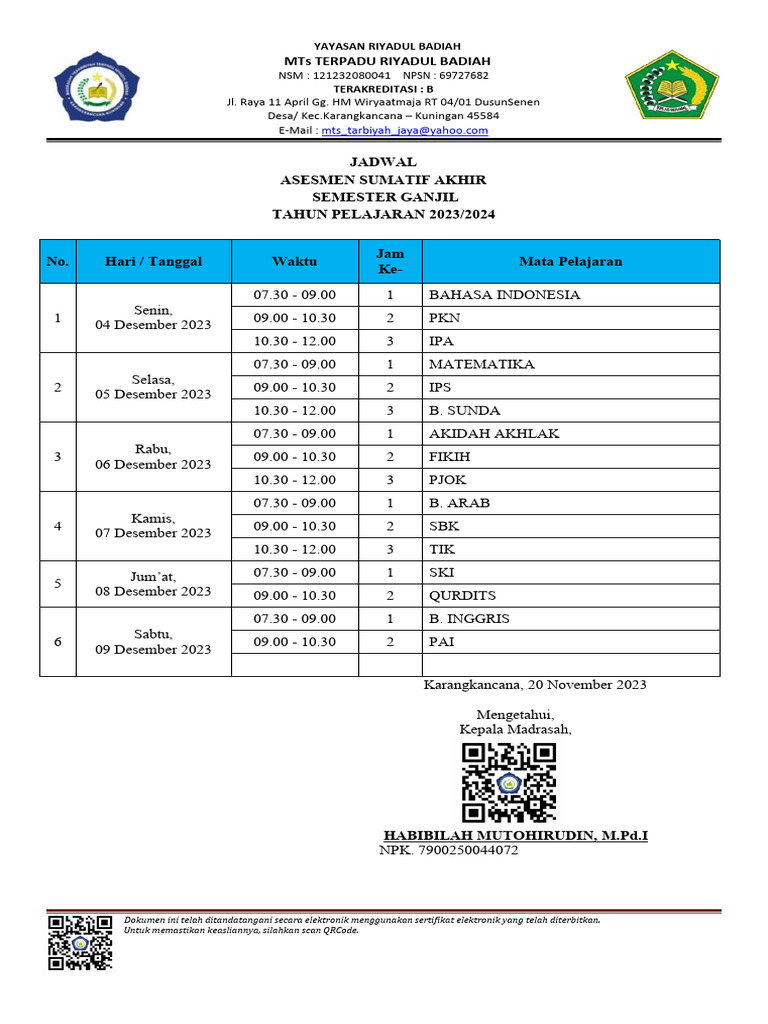 Jadwal Asesmen Sumatif Akhir SMT Ganjil TP. 2023-3034 | PDF