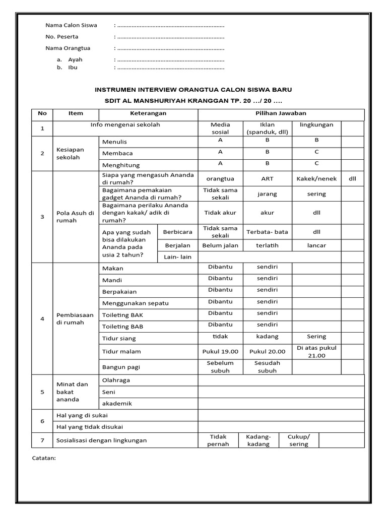 Instrumen Interview Orangtua Siswa | PDF