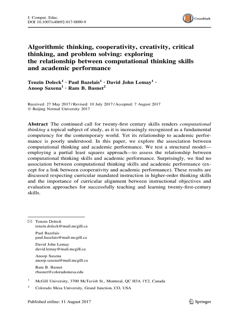 Doleck DKK - Algorithmic Thinking, Cooperativity, Creativity, Critical | PDF | Thought | Creativity
