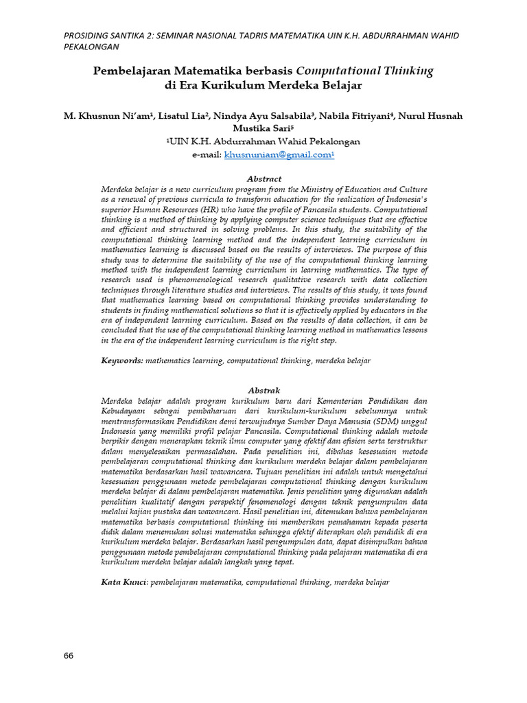 Pembelajaran Matematika Berbasis Computational Thinking Di Era Kurikulum Merdeka Belajar | PDF ...