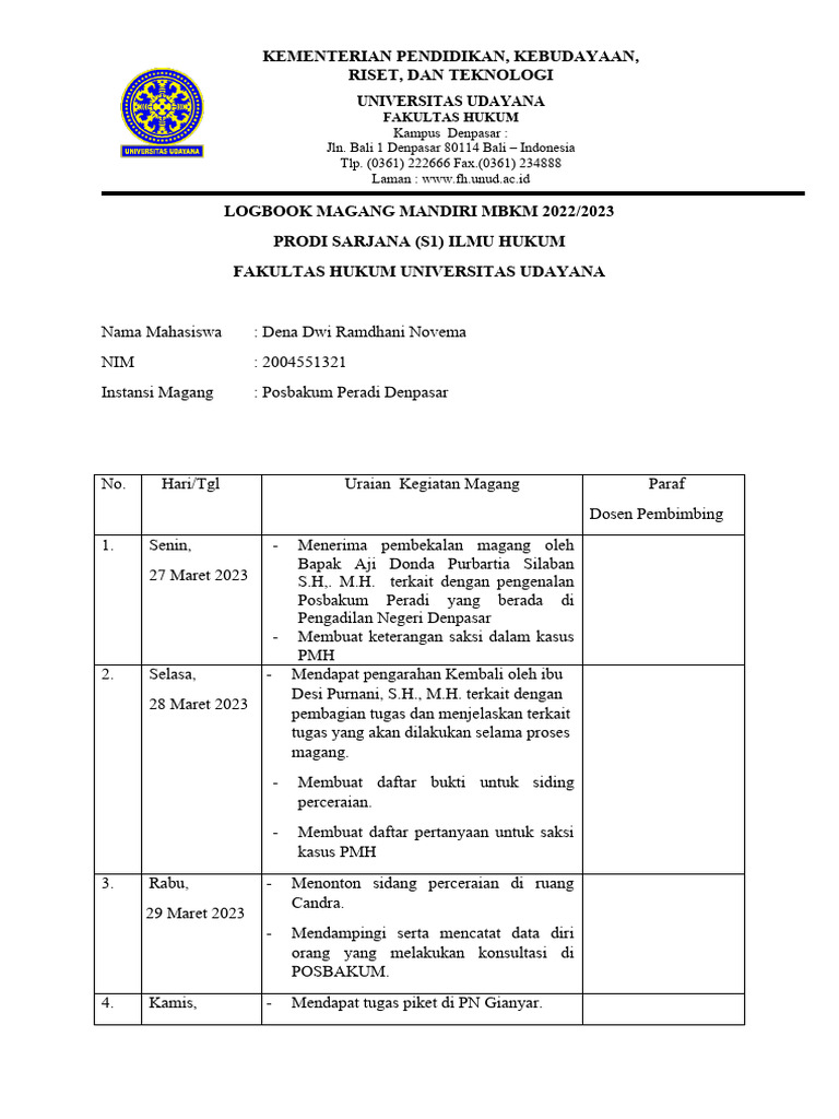 LOGBOOK MAGANG MANDIRI 2023 Dena | PDF