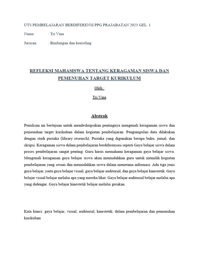 UTS Paper PEMBELAJARAN BERDIFERENSI PPG PRAJABATAN 2023 GEL | PDF