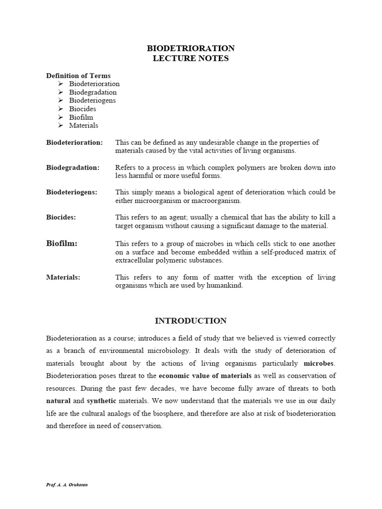 Biodeterioration Lecture Notes | PDF | Biofilm | Biodegradation