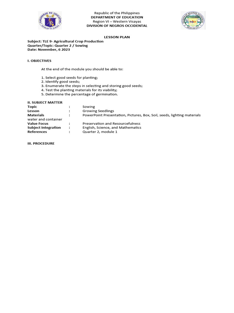 Lesson Plan TLE 2nd Quarter | PDF | Seed | Germination