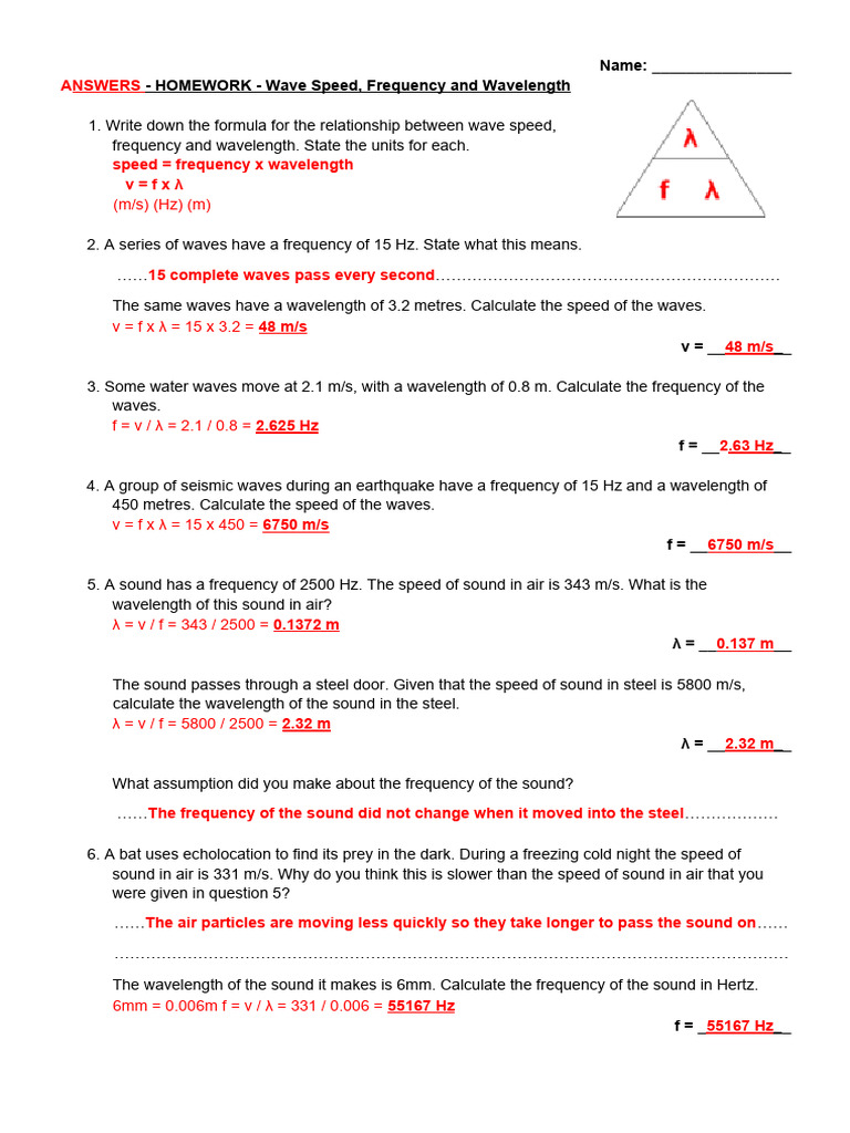 Wave Speed Calculations Answers | PDF | Frequency | Sound