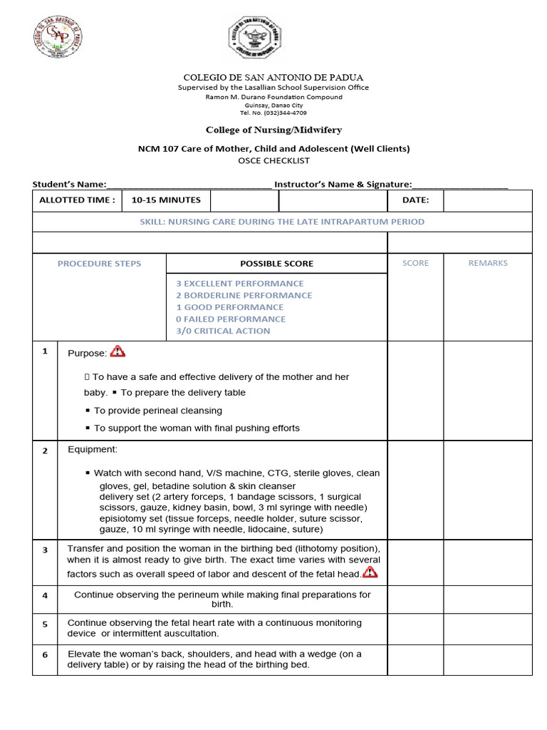 NCM 107 RLE Checklists To Send 2023 | PDF | Childbirth | Placenta