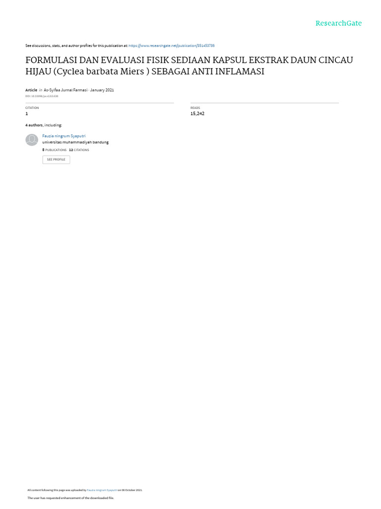 Formulasi Dan Evaluasi Fisik Sediaan Kapsul Ekstra | PDF | Chemistry