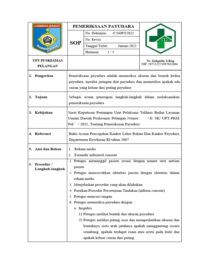 SOP PEMERIKSAAN PAYUDARA (FIKSS) | PDF