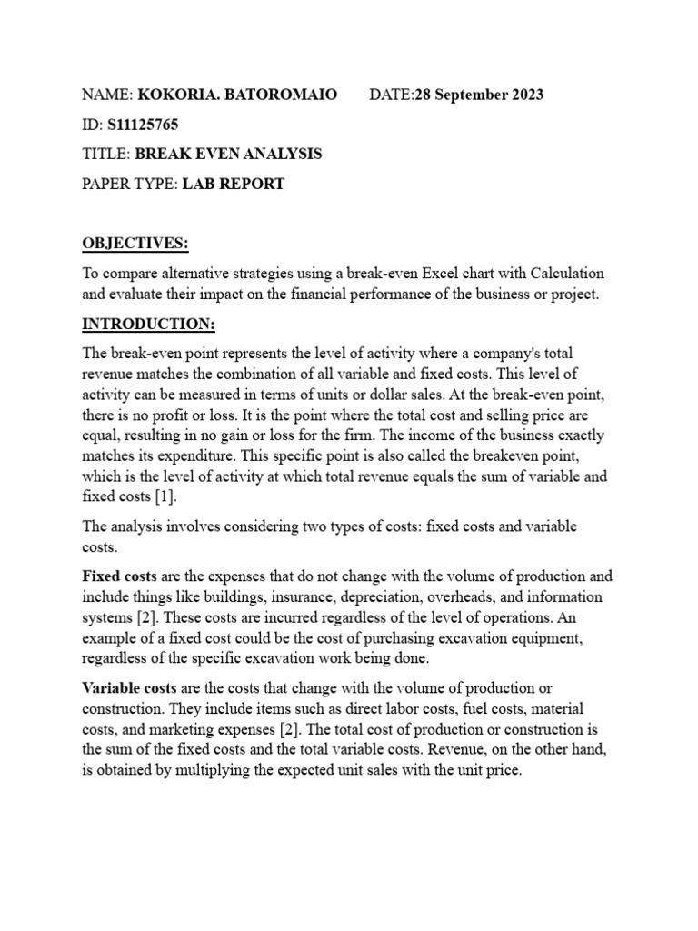Lab Report - Break Even Analysis | PDF | Business Economics | Financial ...