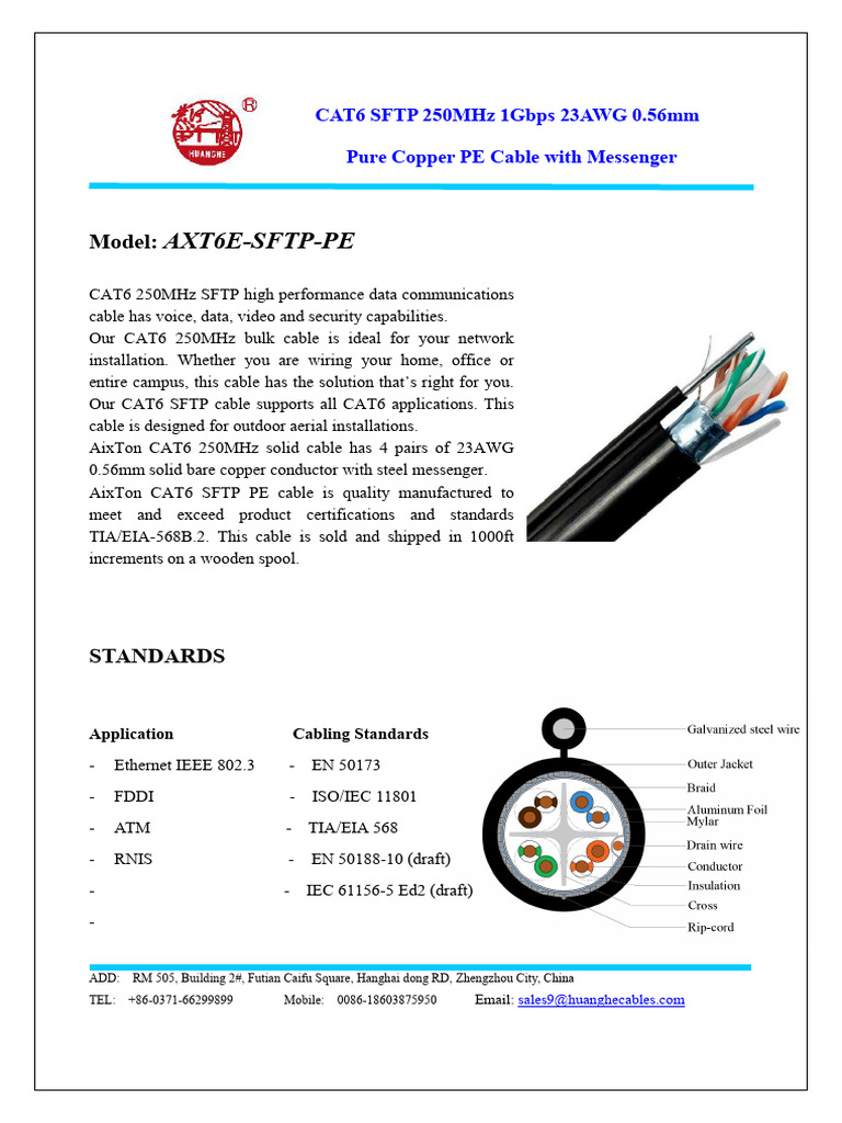 CAT6 SFTP PE Cable with Messenger Data Sheet - 01 | PDF | Telecommunications | Manufactured Goods