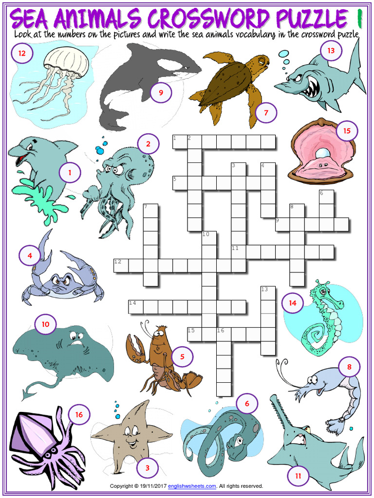 Sea Animals Vocabulary Esl Crossword Puzzle Worksheets For Kids | PDF