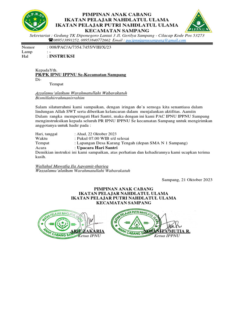 Instruksi Upacara Hari Santri Sampang | PDF