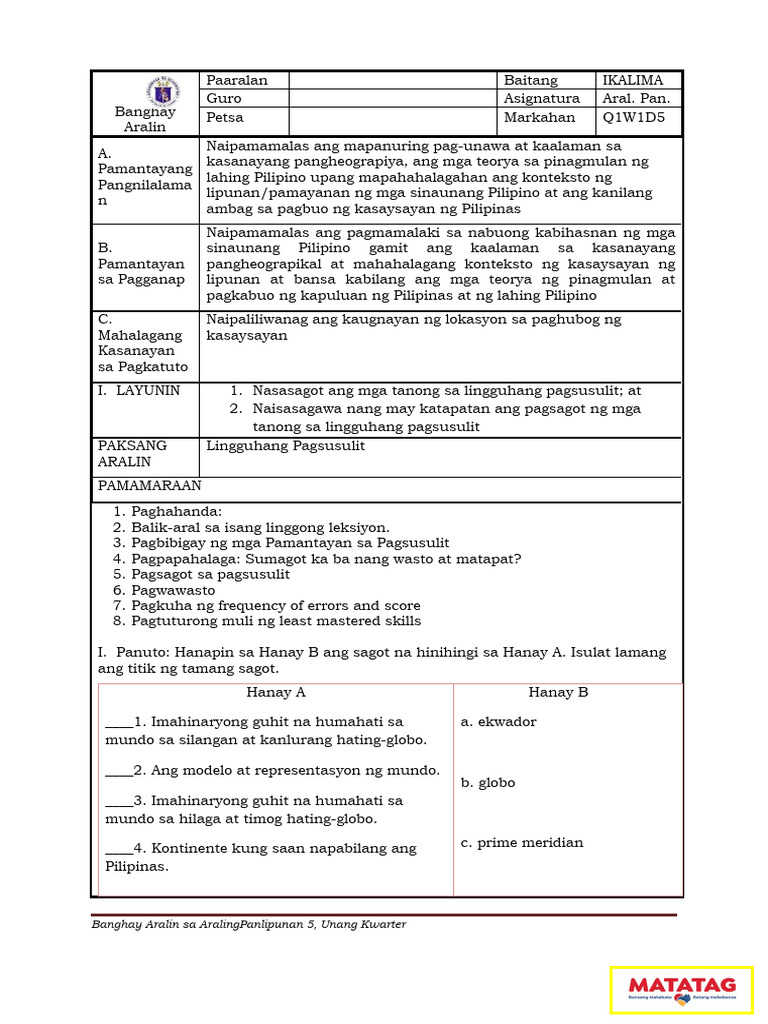 Banghay Aralin Sa Aralingpanlipunan 5, Unang Kwarter | PDF