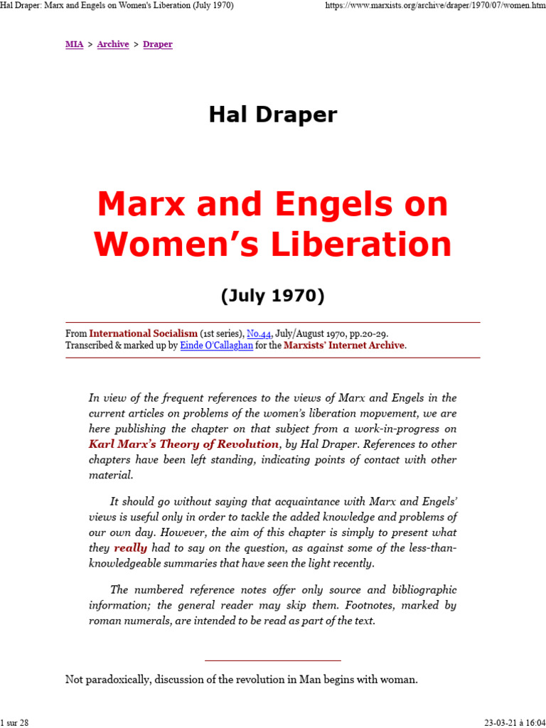 Hal Draper Marx and Engels On Womens Liberation | PDF | Karl Marx ...
