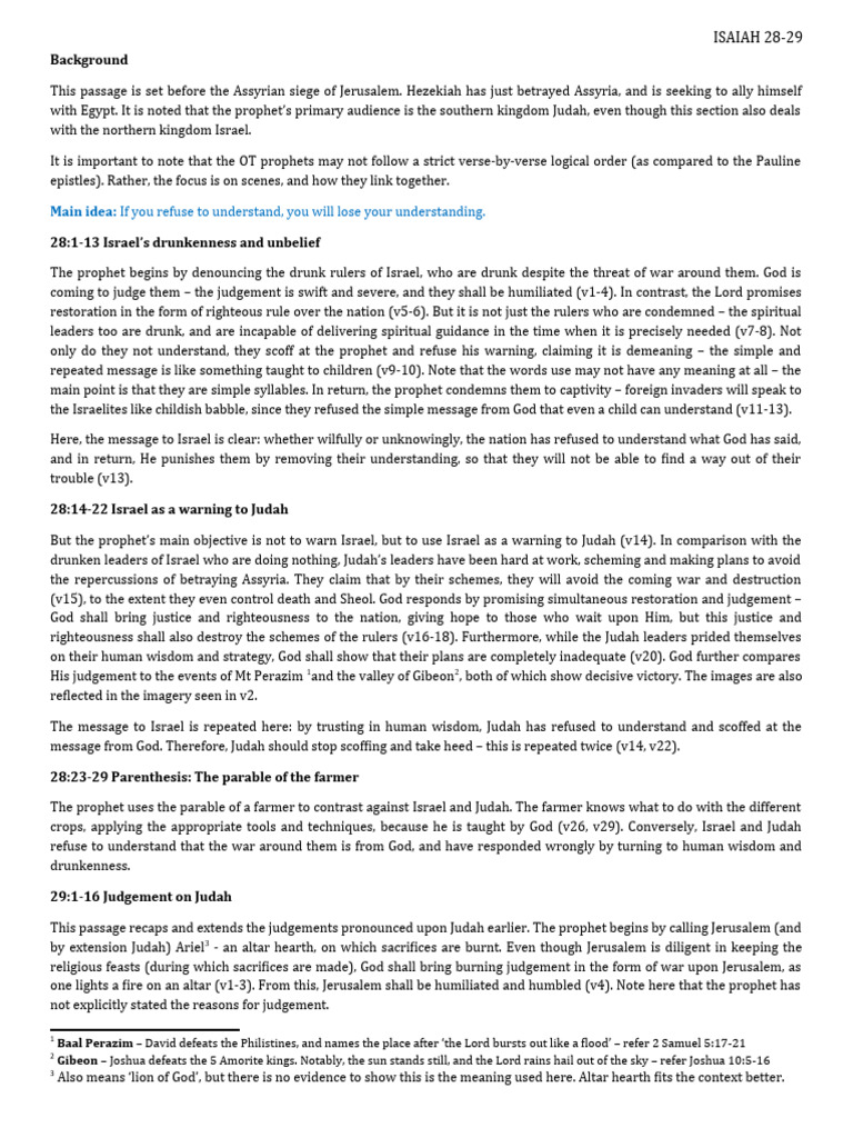 Notes On Isaiah 28-29 | PDF | Prophet | Book Of Isaiah