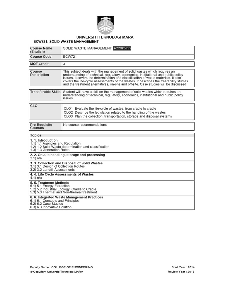Course SOLID WASTE MANAGEMENT | PDF | Waste Management | Waste