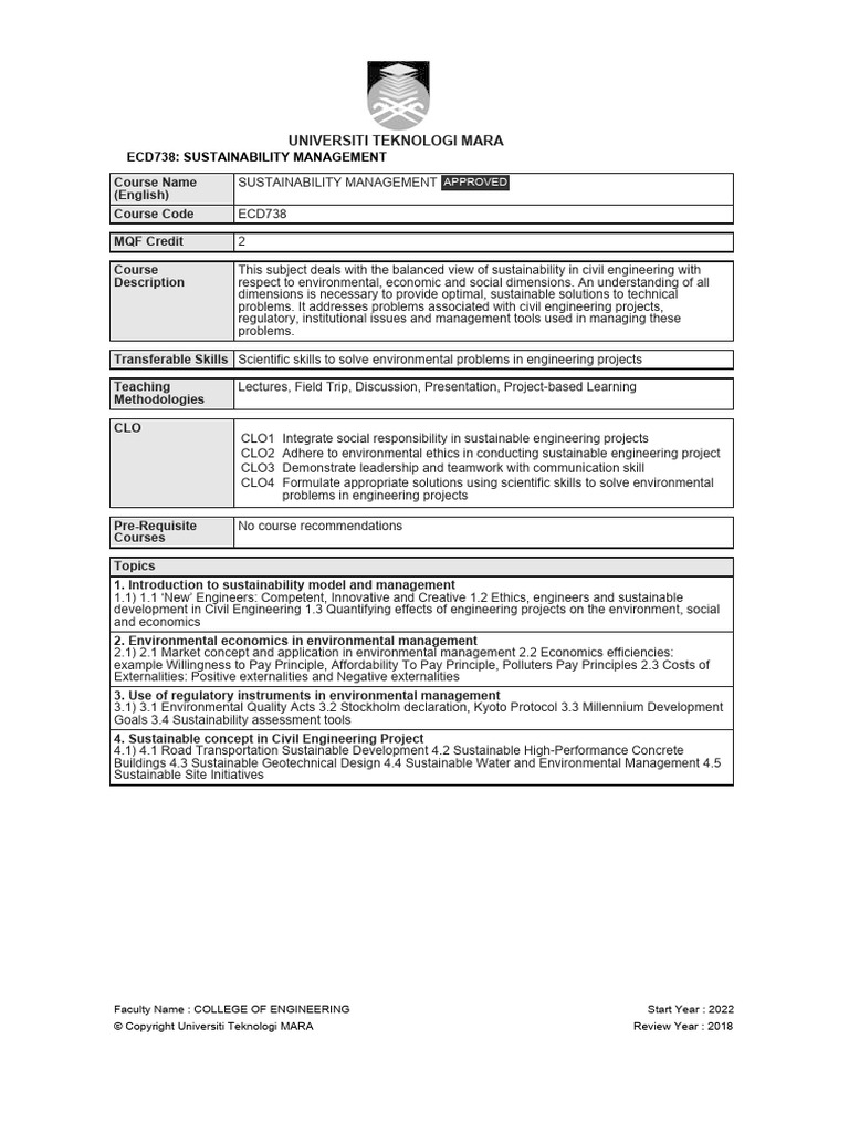 Course SUSTAINABILITY MANAGEMENT | PDF | Sustainability | Engineering