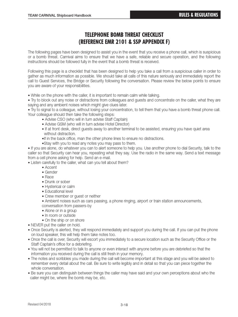 Bomb Threat Checklist-EMR 2101&SSPApendix F | PDF | Telephone ...