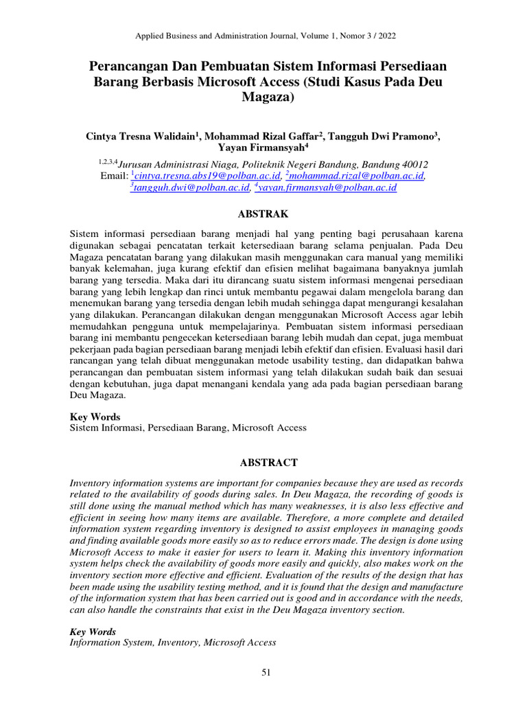 Perancangan Dan Pembuatan Sistem Informasi Persediaan Barang Berbasis Microsoft Access (Studi ...