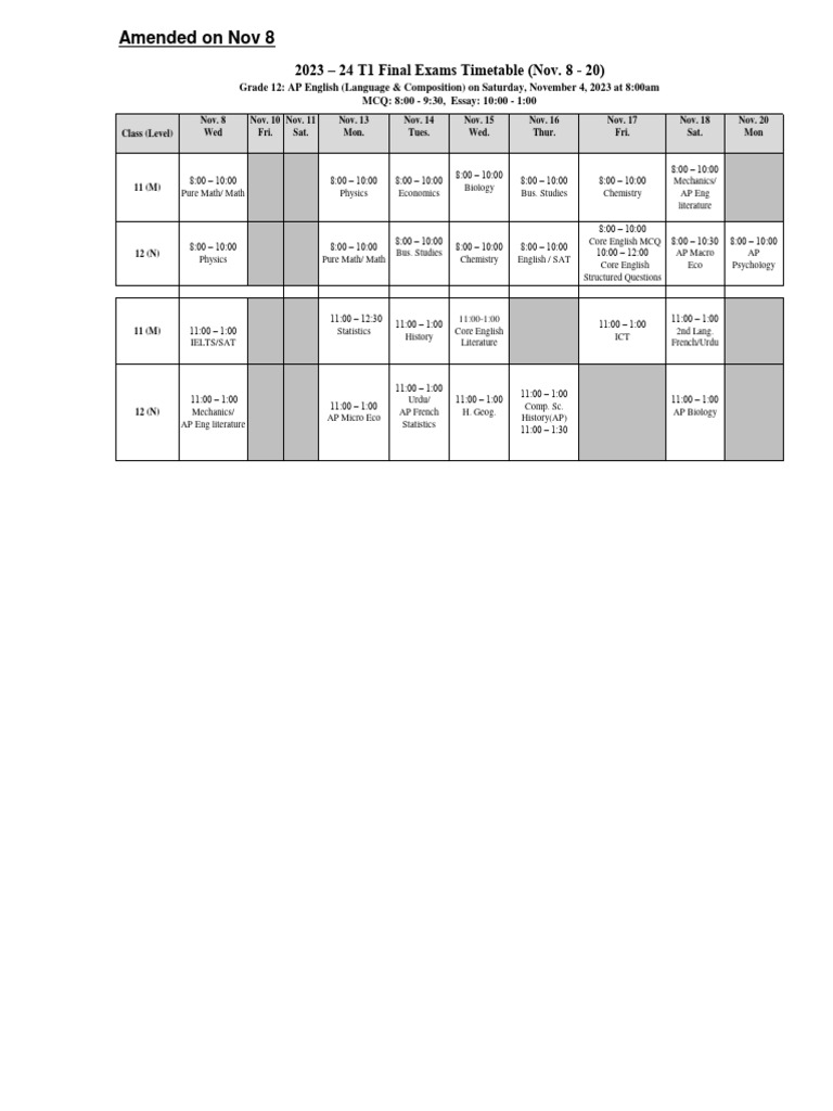 Amended AY2324 - T1 - Final Exams Schedule - LHR - Nov 08 G11-G12 | PDF | Advanced Placement ...