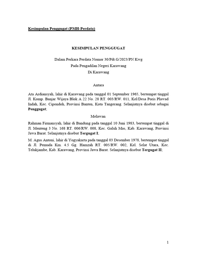 Tugas Kelompok 2 Kelas D-Kesimpulan Penggugat (Perbuatan Melawan Hukum ...