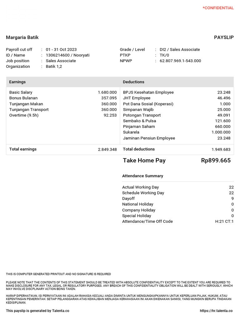 Margaria Batik October Payslip | PDF | Economies | Government