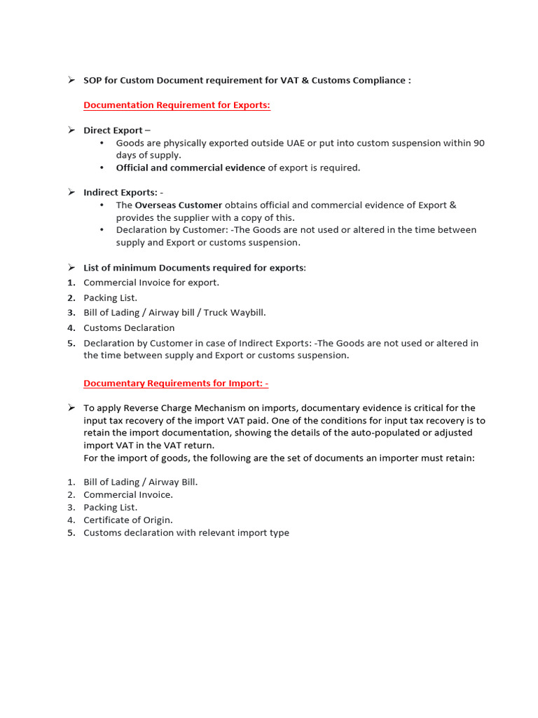 VAT Documentation SOP for UAE Exports | PDF