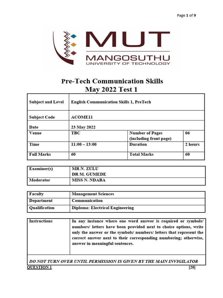 Pre-Tech English Exam Guide | PDF | Thought | Attention
