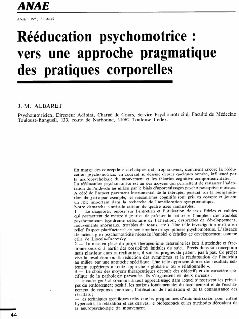 Reeducation Psychomotrice Vers Une Appro | PDF