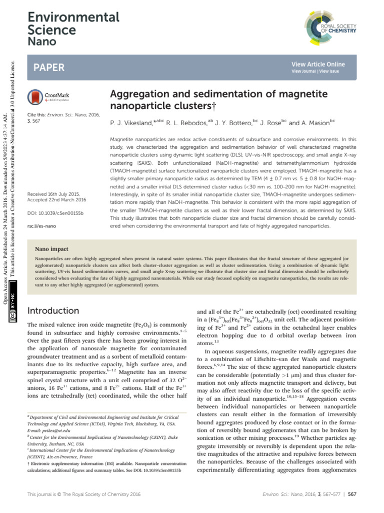Aggregation And Sedimentation Of Magnetite Nanoparticle Clusters Pdf Nanoparticle