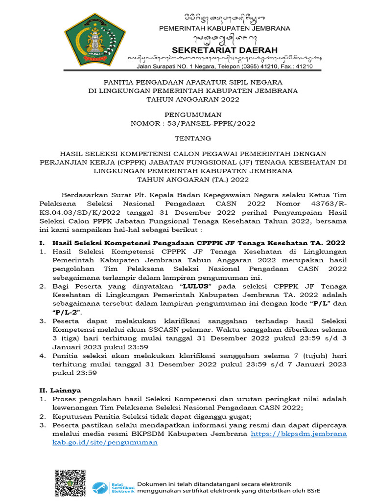 7. Pengumuman Tentang Hasil Seleksi Kompetensi Cpppk Jf Tenaga Kesehatan Ta 2022 | PDF